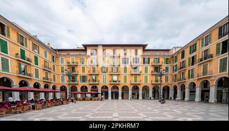 Yellow facade with arcades, Placa Major, Palma de Majorca, Majorca ...