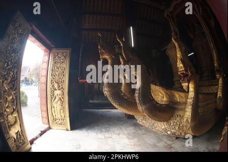 Serpent on Chariot Hall or Funeral chapel of Wat Xieng Thong It is one ...