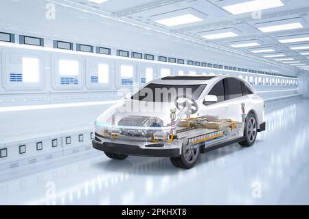 Electric car research and development with 3d rendering ev car with ...