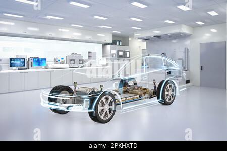Electric car research and development with 3d rendering ev car with ...