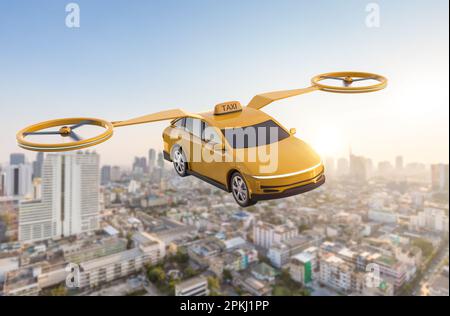 Driverless taxi or autonomous taxi with 3d rendering electric flying ...