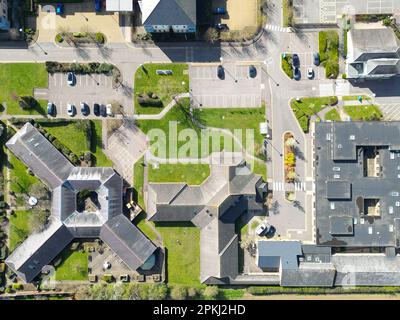 Drone view of a modern community NHS hospital showing the various ...
