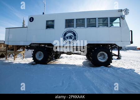 Tundra buggy parked in downtown Churchill, Manitoba, Canada Stock Photo ...
