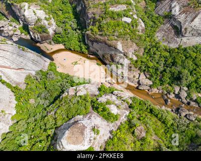Aerial view of Geological formations and vegetation, Rincao do Inferno ...