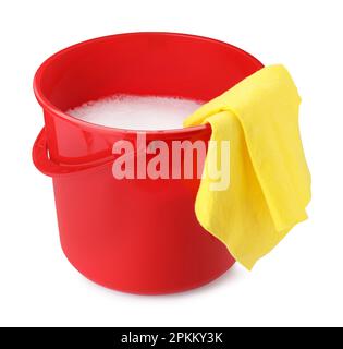 Red bucket with detergent and rag isolated on white Stock Photo - Alamy