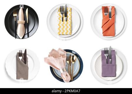 Set with examples of different beautiful table settings on white ...