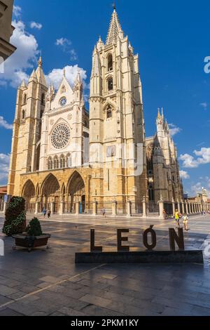 Leon, Spain, August 3, 2022. View of the cathedral of the city of Leon ...