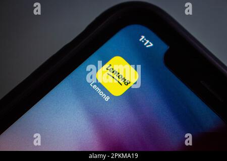 Vancouver, CANADA - Apr 7 2023 : Lemon8 logo seen in an iPhone. Lemon8 is a video and photo ...