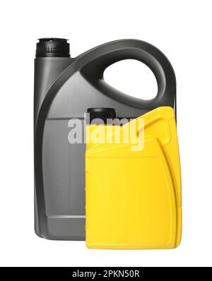 Motor oil in different containers on white background Stock Photo - Alamy