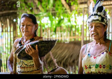 Ticuna women of Colombia reenact traditional dancing and music Stock ...