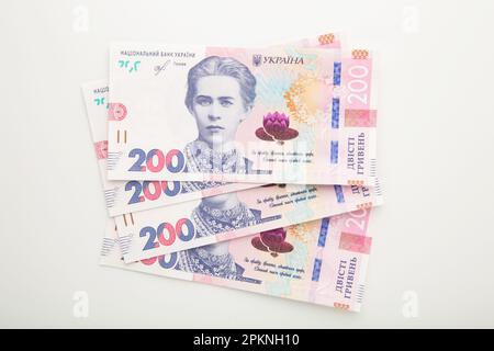 Banknotes Ukraine 200 hryvnia on grey background. Ukrainian Money with ...