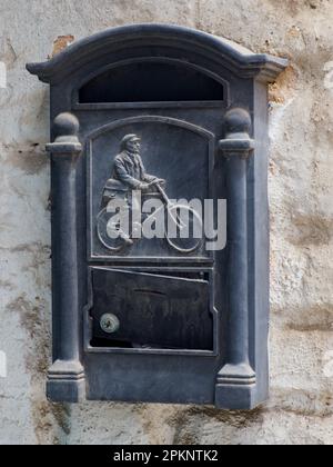 Blue mailbox on the white wall with number forty five, Portugal, West ...