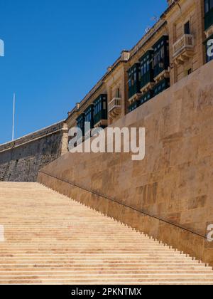 Valletta, Malta. Huge stairs next to the city walls near the Valletta ...