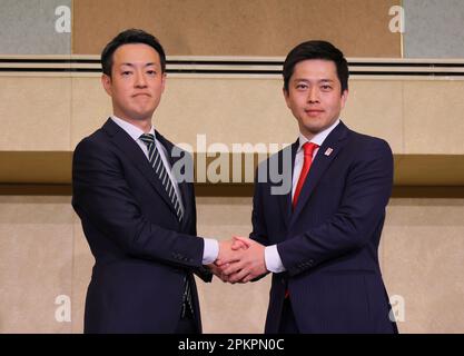 Hirofumi Yoshimura（R） and Hideyuki Yokoyama who is shoo-in for Osaka's ...