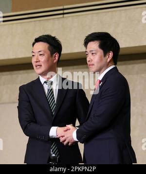 Hirofumi Yoshimura（R） and Hideyuki Yokoyama who is shoo-in for Osaka's ...