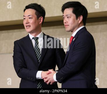 Hirofumi Yoshimura（R） and Hideyuki Yokoyama who is shoo-in for Osaka's ...
