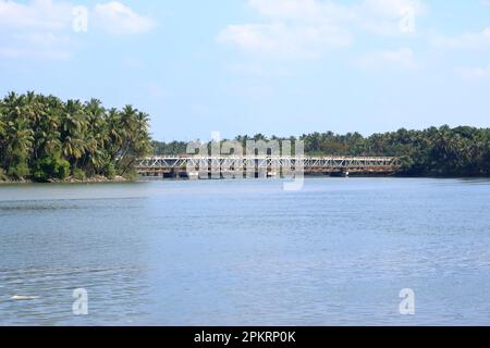 the lake and backwaters behind Dharmadam beach in Kannur, Kerala in ...