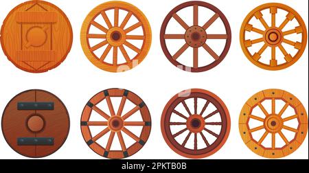 Ancient wheel. Wooden wheelbarrow, rusty wagon and old stone wheels ...