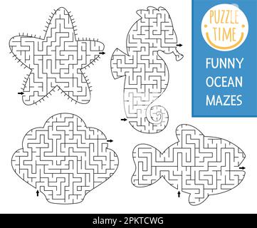 Under the sea geometrical maze for kids. Ocean preschool printable activity. Water seashell ...