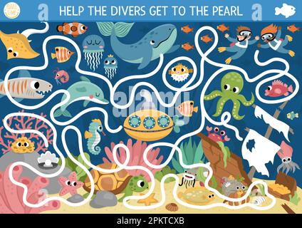 Under the sea maze for kids with turtle, whale, shark, bass, parrotfish ...