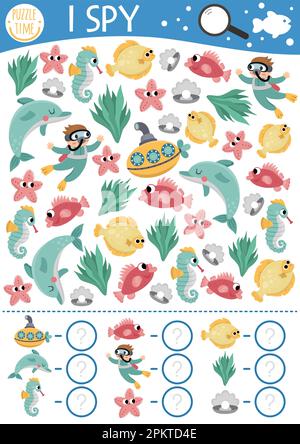 I spy game worksheet with underwater sea houses in shell huts, cartoon ...