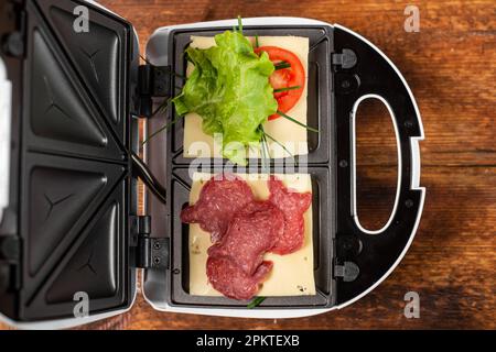 Vegetarian and meat sandwich in a sandwich maker. Different types of ...