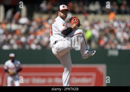 Baltimore Orioles relief pitcher Danny Coulombe throws a pitch to the ...