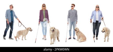 Blind people with long canes and guide dogs on white background. Banner ...