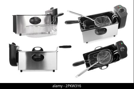 Set with modern deep fryers on white background. Banner design Stock ...