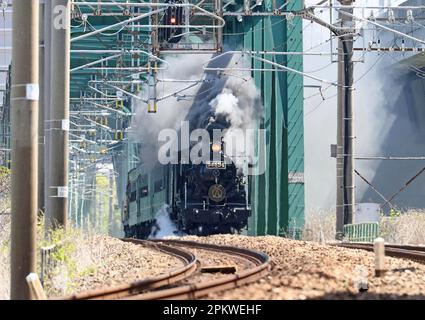 The SL Hitoyoshi runs in Tosu City, Saga Prefecture on April 8, 2023 ...