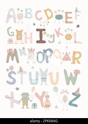 Hand drawn Children alphabet poster in blue color, ABC Poster, Kids ...