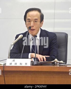 Kazuo Ueda, a new governor of the Bank of Japan (BOJ) speaks during an ...