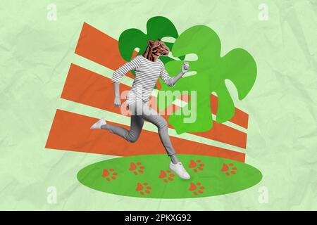 Collage photo of running headless girl hold lollipop music player ...