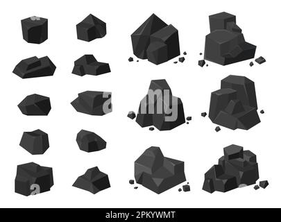 Charcoal black rocks and stones set vector illustration. Cartoon piles ...
