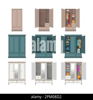 Cartoon wardrobe, open and closed. Vintage wooden furniture vector clip ...