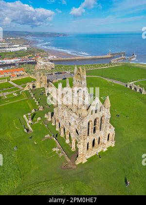Aerial view of Whitby seaside town and harbour Stock Photo - Alamy