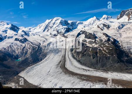 The iconic Gorner Glacier viewed from the Gornergrat, a rocky ridge of ...