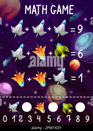Cartoon spacecrafts and starship math game worksheet. Educational ...
