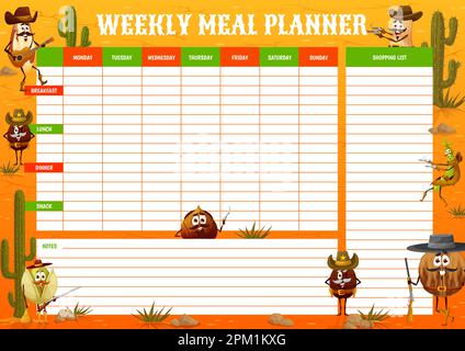 Weekly meal planner of Western cartoon cowboy, bandit and ranger fruit ...