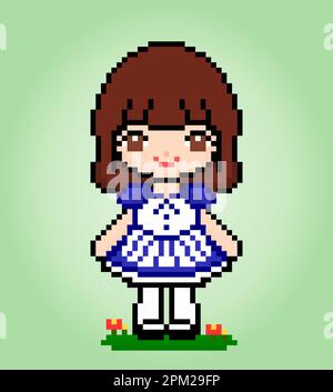 8 bit pixel of the cute girl characters. Cartoon women in vector ...