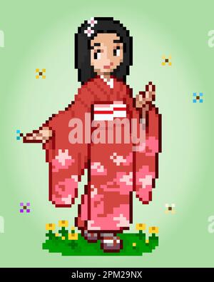 8 Bit Pixels Character Women Wear a Kimono Dress. Adult girl pixels in ...