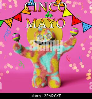 Happy colorful furry Yeti Mexican sombrero hat mustache traditional ...