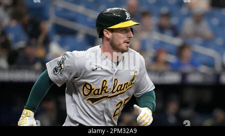 Oakland Athletics' Brent Rooker (25) celebrates in the dugout after ...
