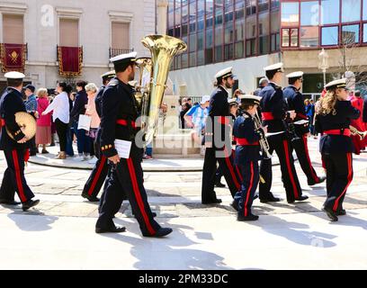 Musicians in an easter parade in a brass marching band at Semana santa ...