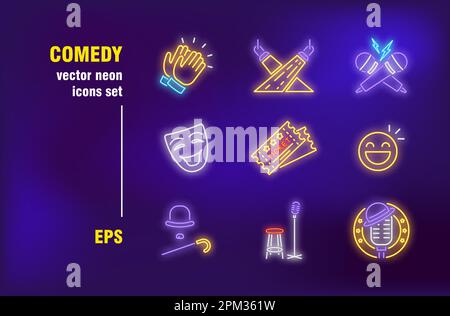 Standup show signs. Neon comedy club and open microphone icons ...