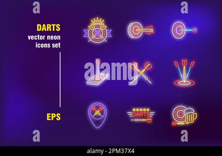 Darts collection of neon signs. Vector illustration. Bright nightly ...