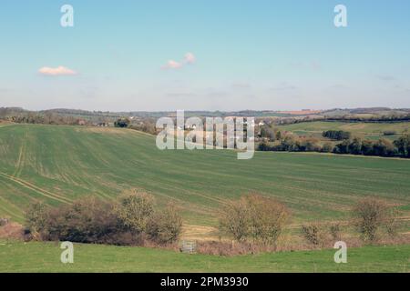 View across farmland towards Lyminge on the North Kent Downs from ...