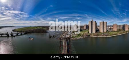 An aerial view of the Pelham Bay Railroad Bridge in Bronx, New York on ...