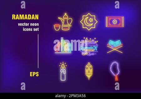 Islamic neon signs set with Koran, prayer carpet and mosque Stock ...