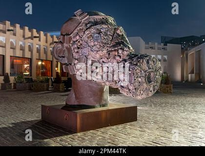 Head with gas mask statue, Gandhi's Three Monkeys sculpture, Katara ...
